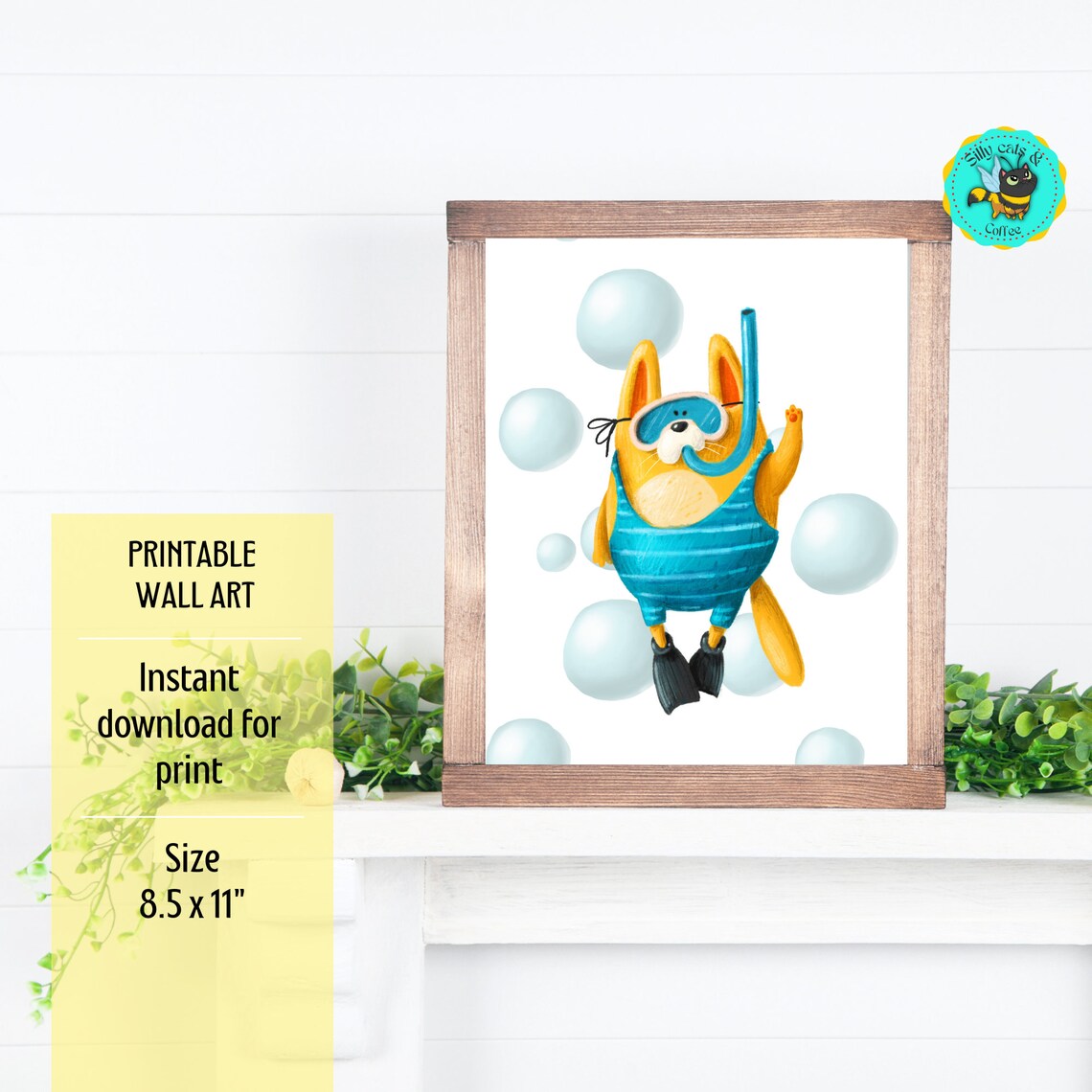 Scuba Diving Cat Digital Printable Wall Art 8.5 X 11 Inches, Digital ...
