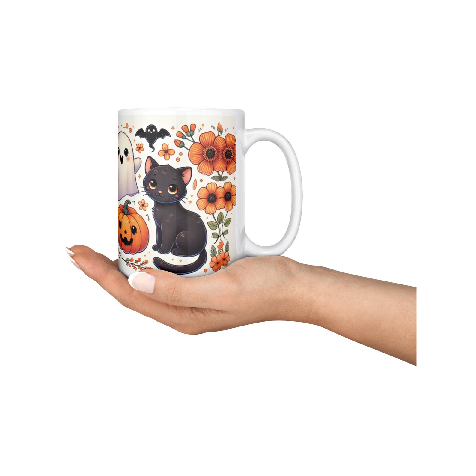 Adorable Halloween Black Cat Coffee Mug 15 Oz Full Wrap Ceramic Cup ...
