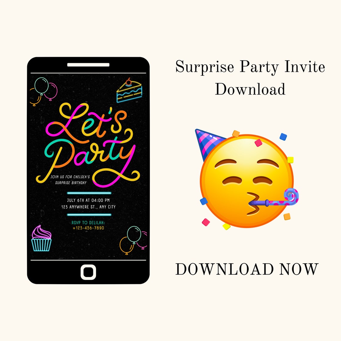 Neon Surprise Party Invitation Printable Editable Template Invitation
