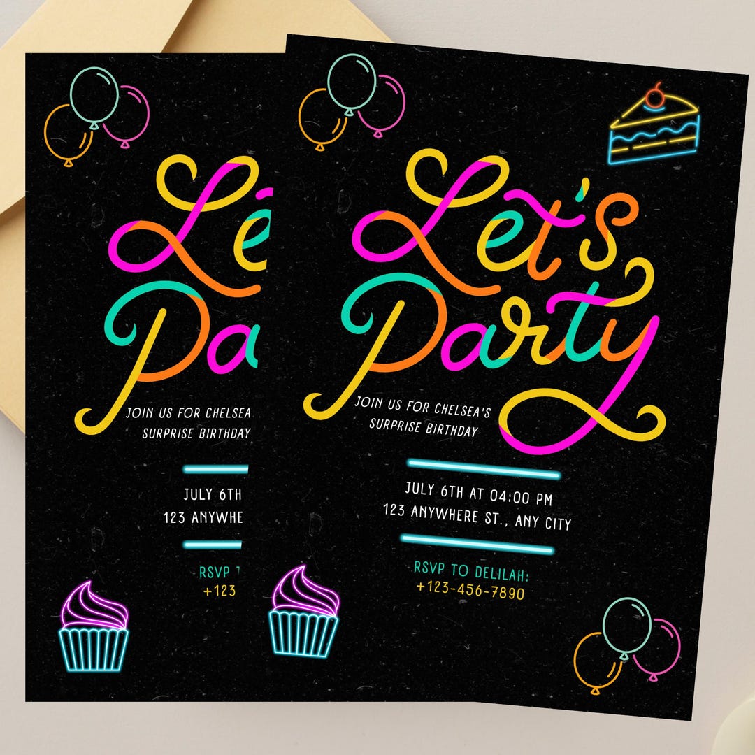 Neon Surprise Party Invitation Printable Editable Template Invitation ...