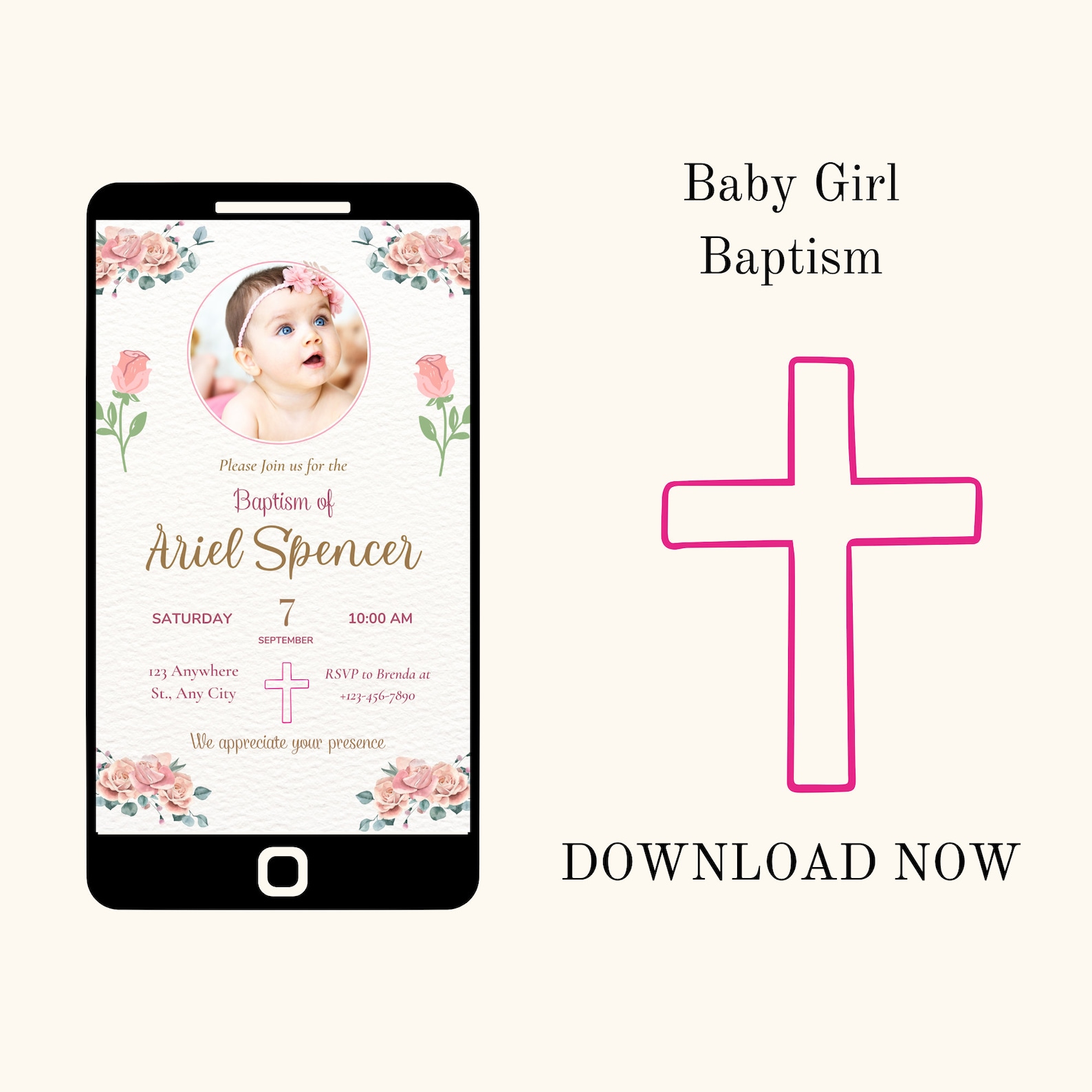 Baby Girl Baptism Invitations Printable Editable Baptismal Invitations ...