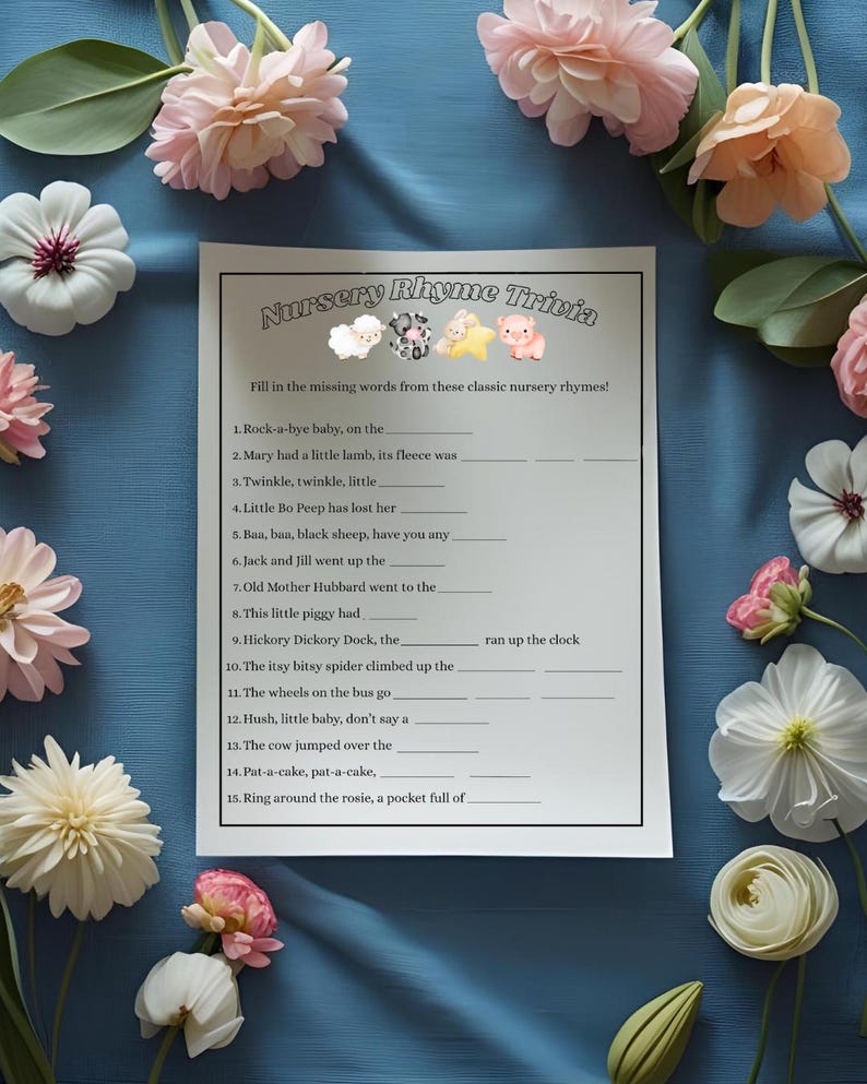 Nursery Rhyme Trivia Baby Shower Game: Printable PNG (gender Neutral ...