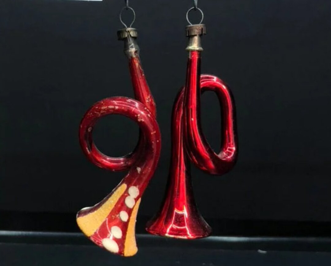 Set of 2 Glass Hand Painted Antique French Horn Christmas Ornaments ...