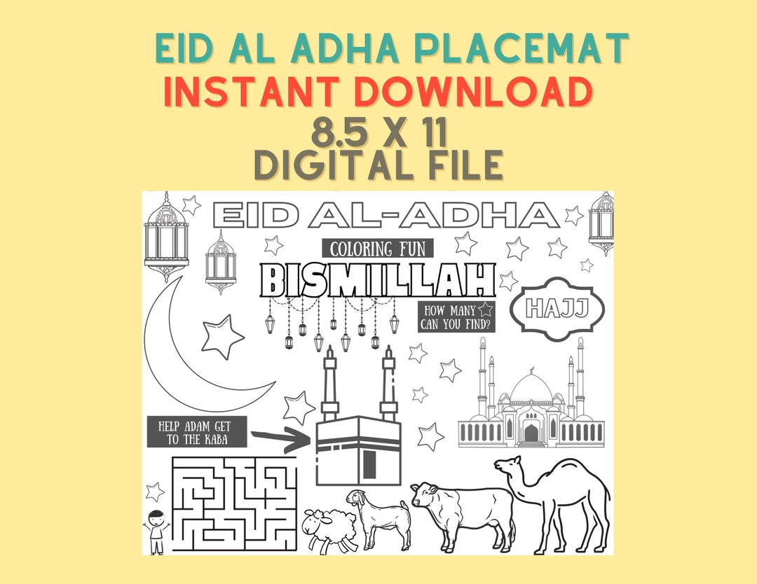 Eid Al Adha Kids Printable Coloring Placemat | Instant Download | Kids ...
