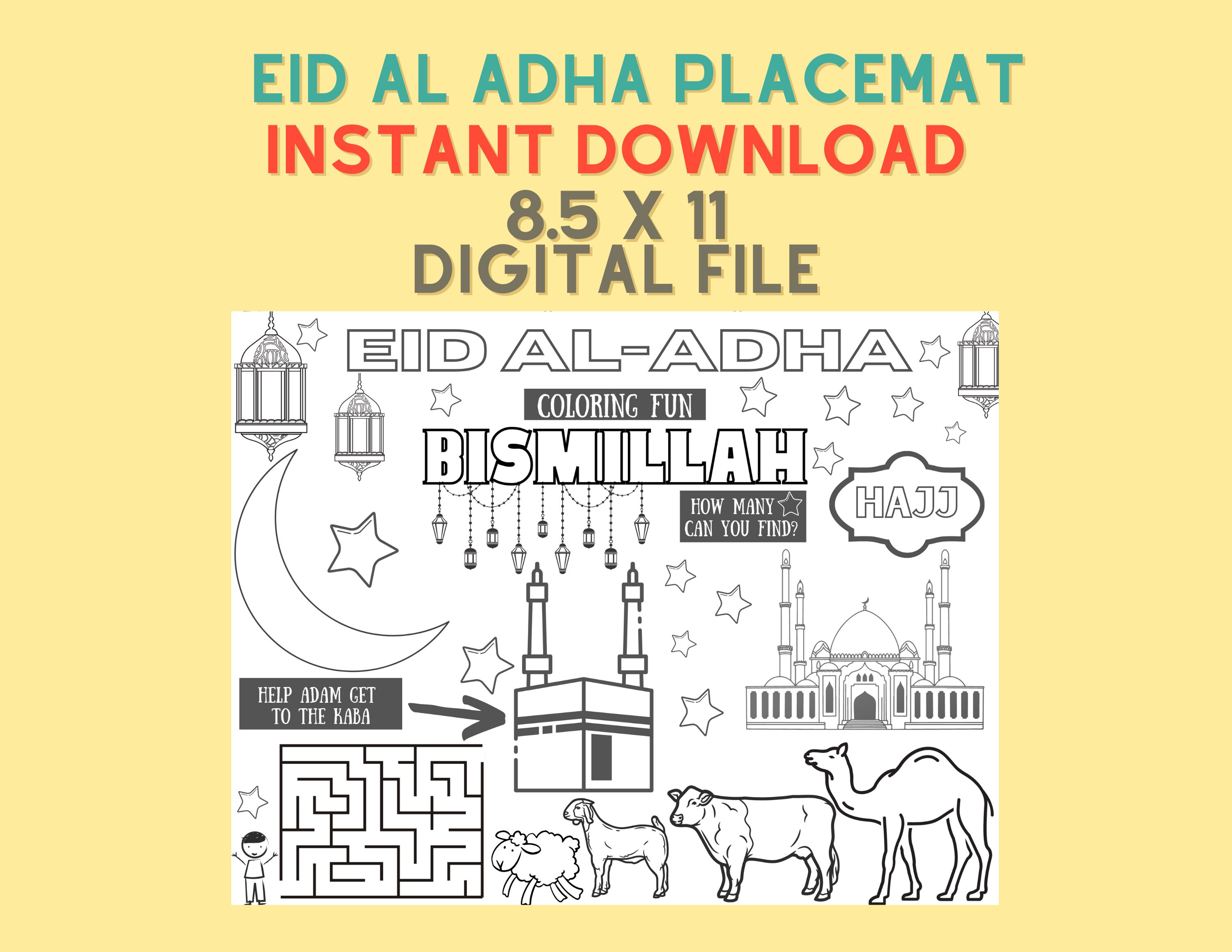 Eid Al Adha Kids Printable Coloring Placemat | Instant Download | Kids ...