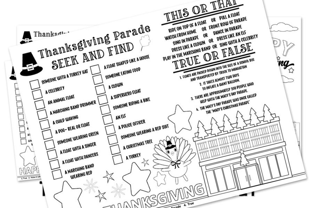 Thanksgiving Parade Activity Coloring Placemat Seek & Find Scavenger ...