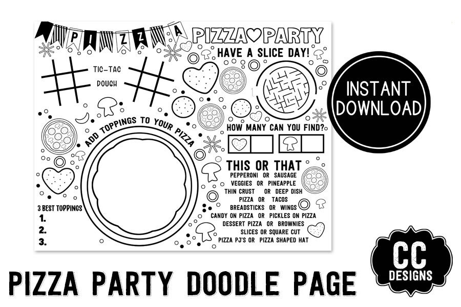 Pizza Party Doodle Coloring Activity Placemat Coloring Page for Pizza ...