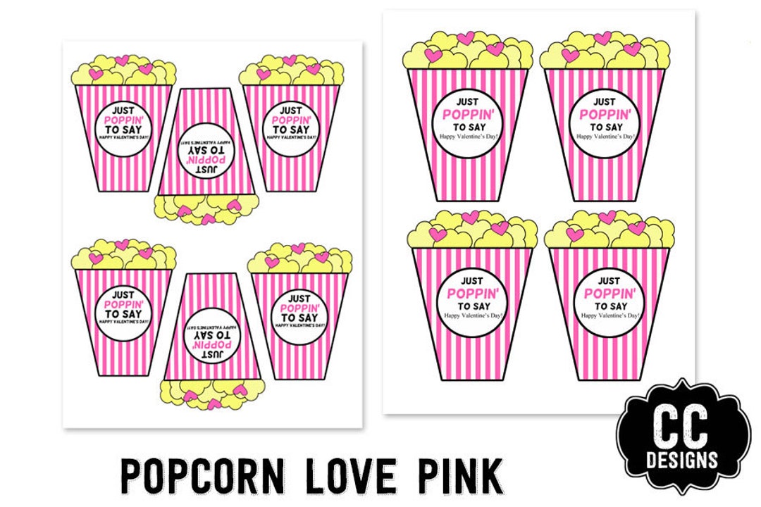 PRINTABLE Popcorn Love PINK Valentine Cut Out Cards Classroom Party ...