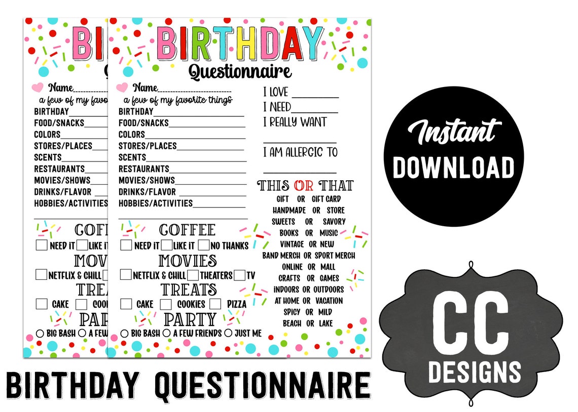 Printable Birthday Questionnaire Favorite Things Quiz Coworker Work
