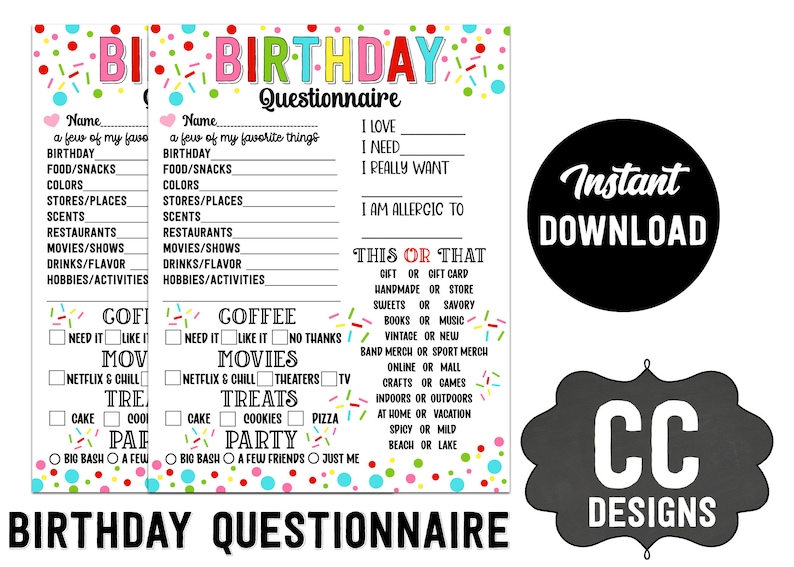 PRINTABLE Birthday Questionnaire Favorite Things Quiz Coworker Work ...