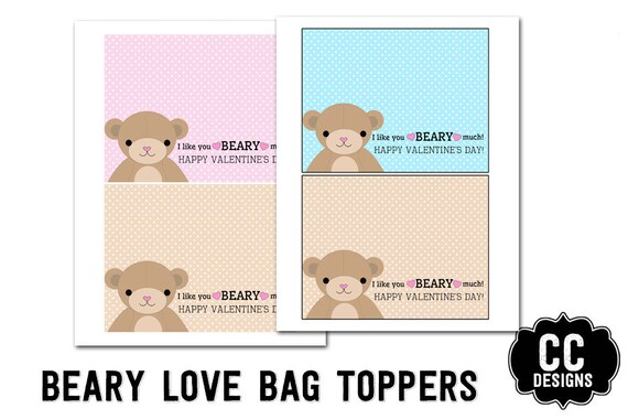 PRINTABLE Teddy Bear Valentine Bag Topper Treat Bag Valentine | Etsy