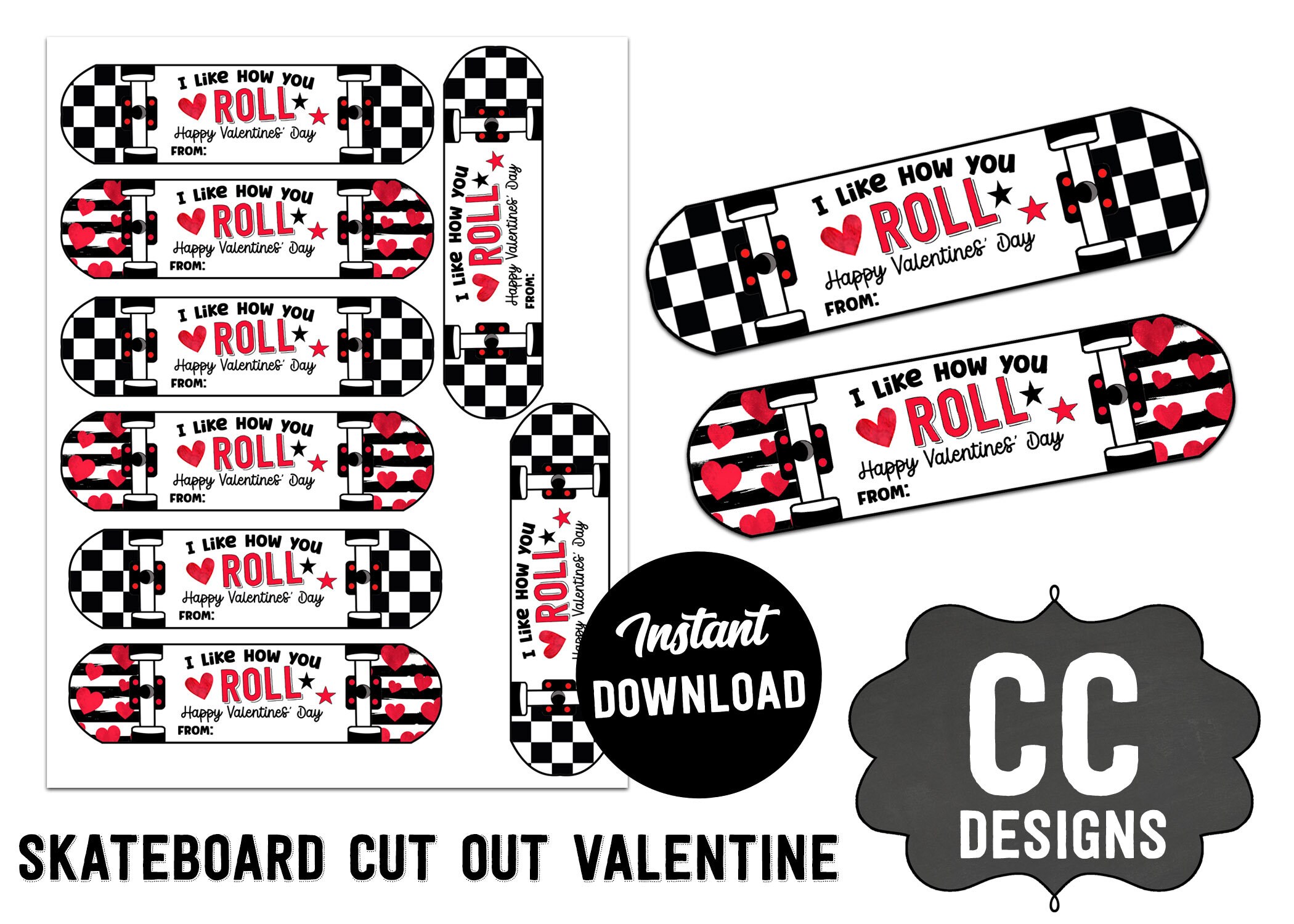 PRINTABLE Skateboard Cut Out Valentine Favor Tag Valentine's Day DIY ...