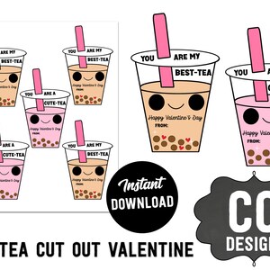 Printable Boba Tea Valentine Cut Out Digital Valentines Day DIY Cut of ...