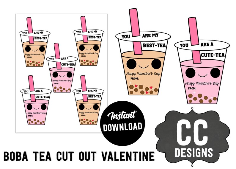 Printable Boba Tea Valentine Cut Out Digital Valentines Day DIY Cut of ...