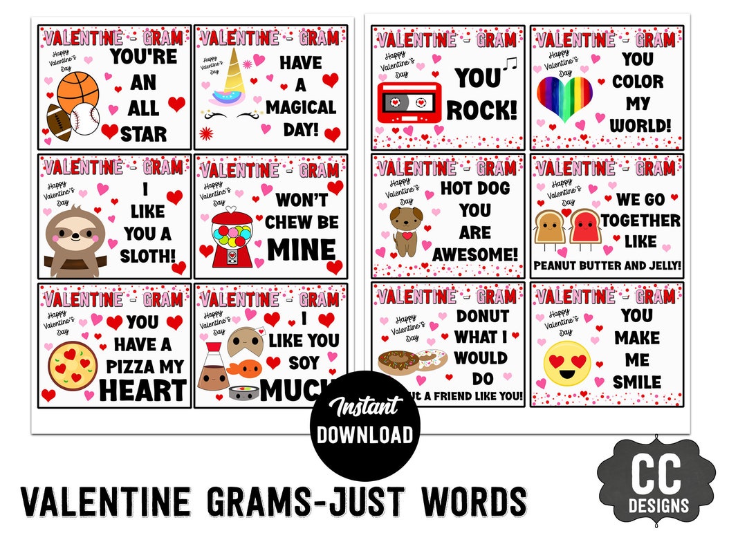 PRINTABLE Valentine Gram Just Words PTO Classroom Lunch Box Notes Memos ...