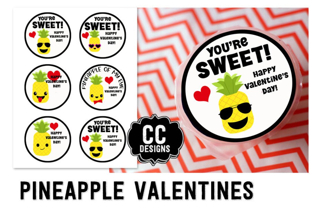 PRINTABLE Valentine Pineapple Fruit Cup Circle Favor Label Valentine ...