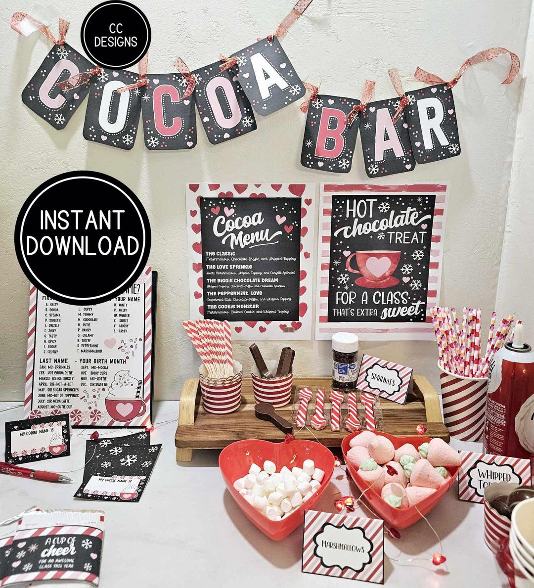 Valentine Hot Cocoa Bar Classroom Party Kit Games Coloring Sheets Signs ...