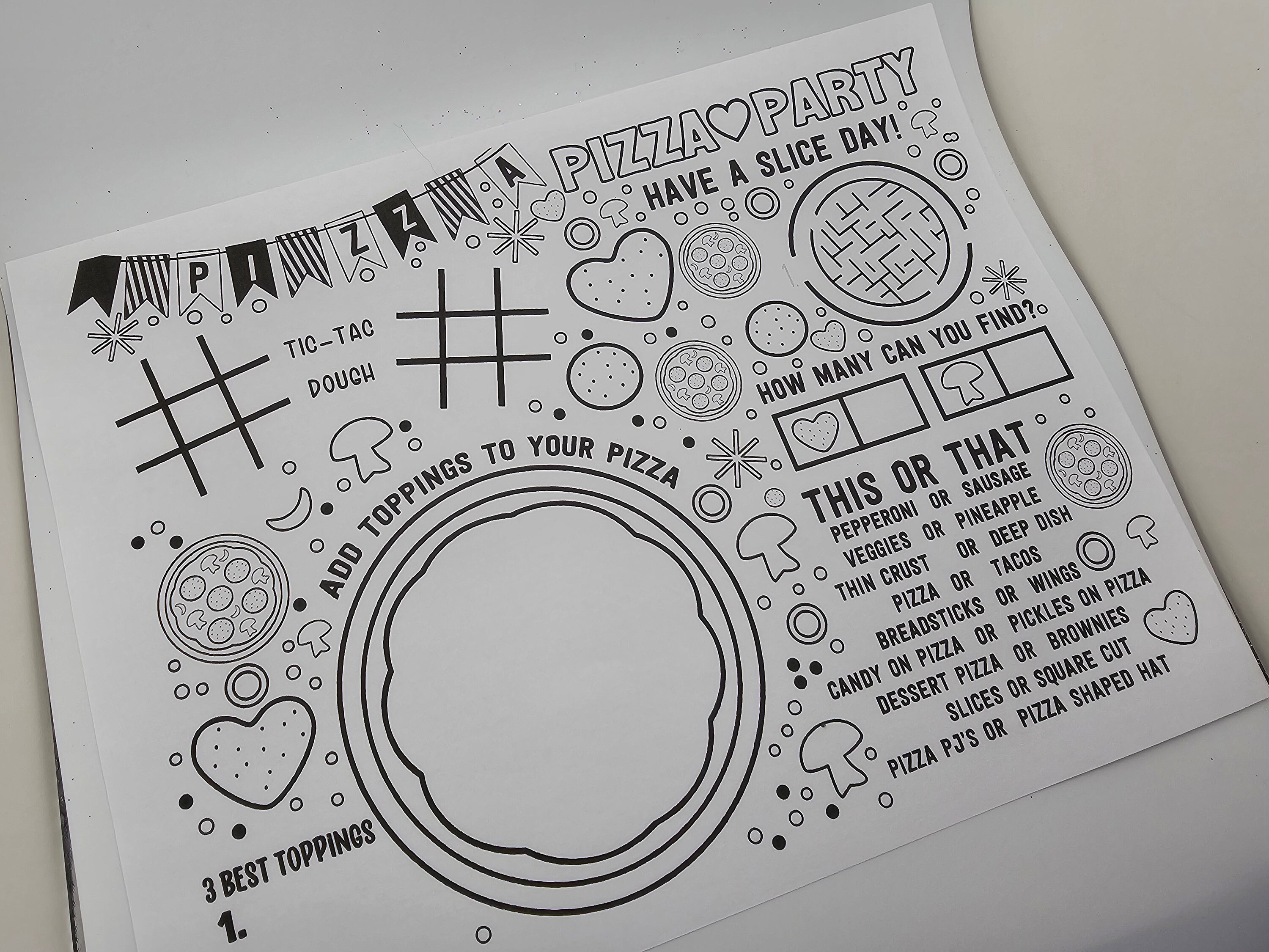 Pizza Party Doodle Coloring Activity Placemat Coloring Page for Pizza ...
