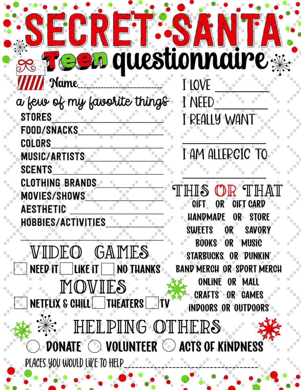 TEEN Secret Santa Young Adult Tween Questionnaire Printable Shopping ...