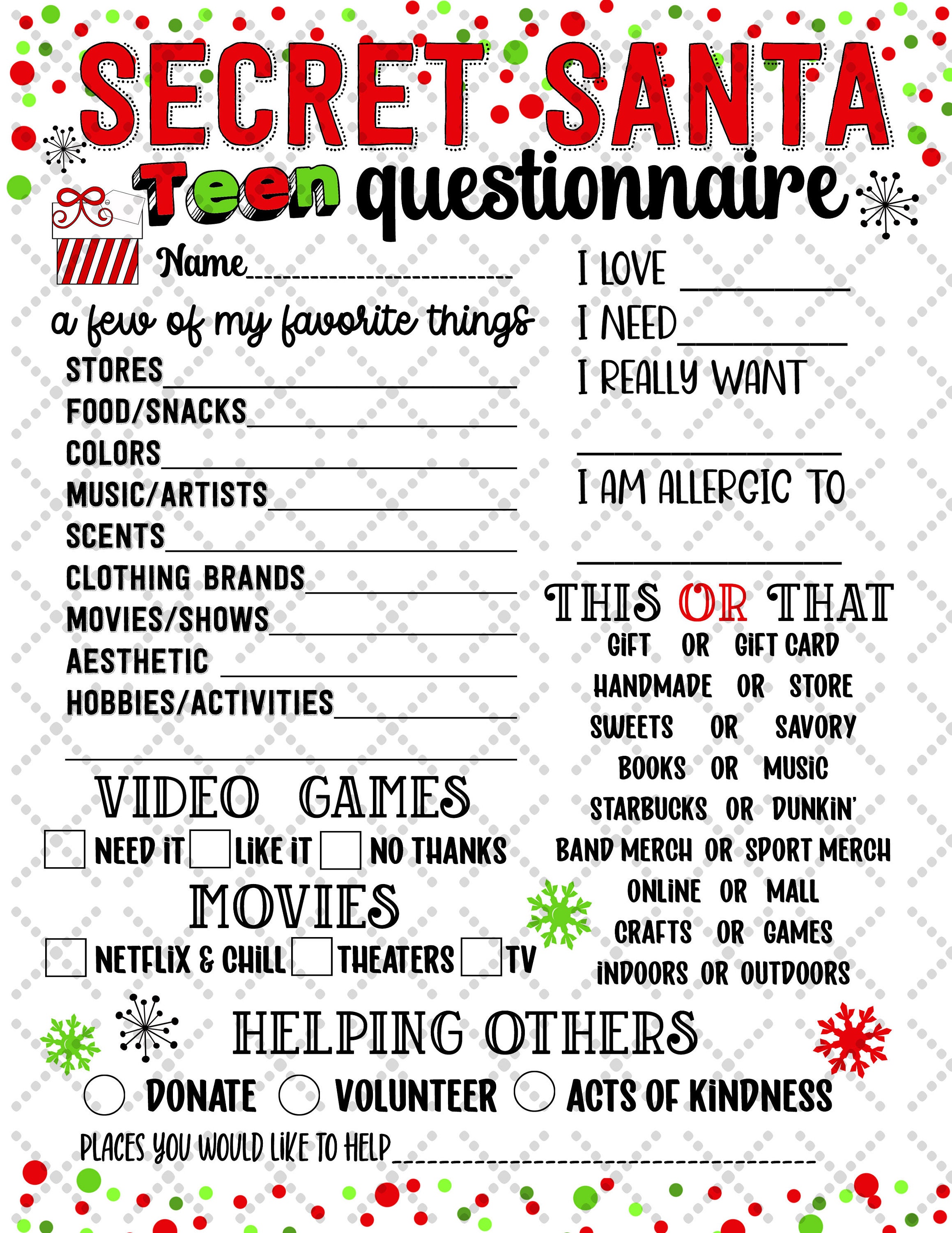TEEN Secret Santa Young Adult Tween Questionnaire Printable Shopping ...