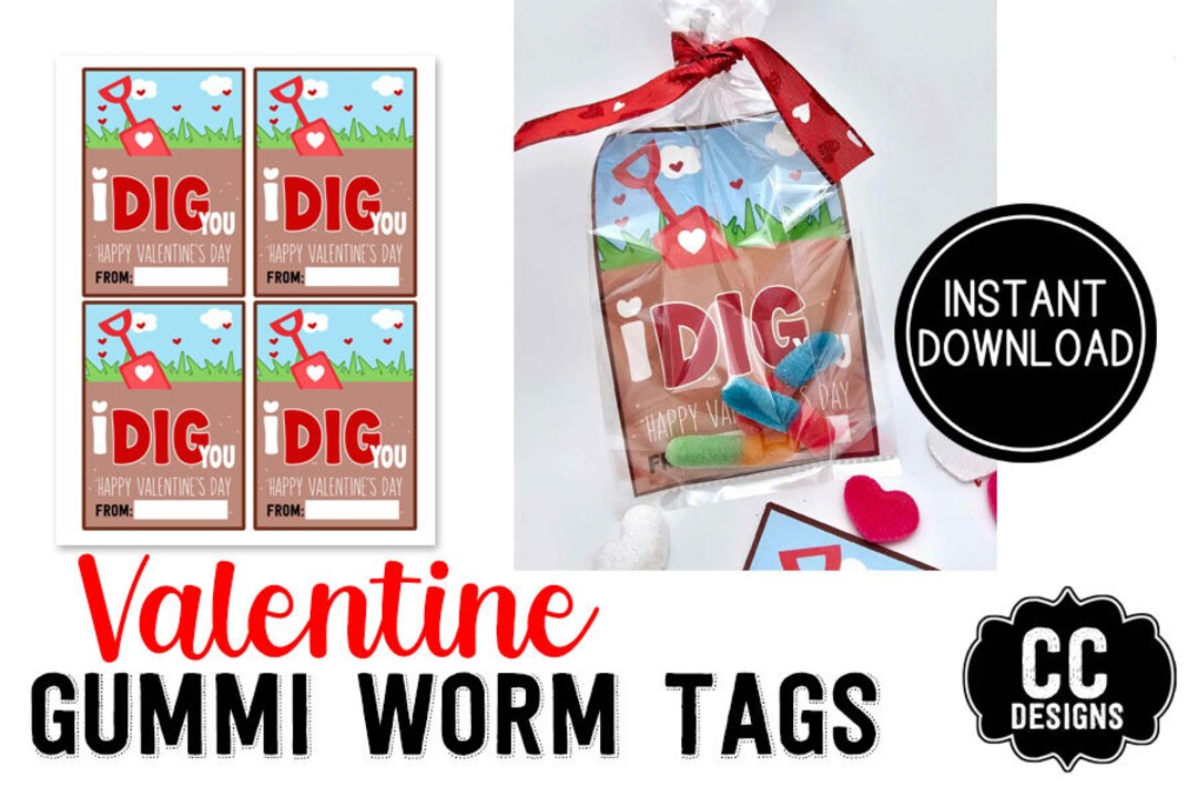 PRINTABLE Gummi Worm Dig Valentine Treat Card Valentine's Day Worm and ...