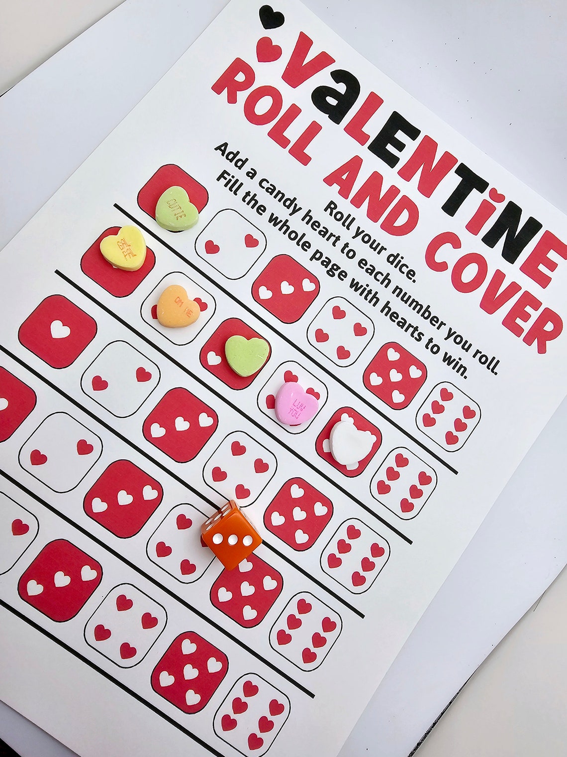 Valentine Printable Card Dice Game Roll and Cover Valentine's Day Dice ...