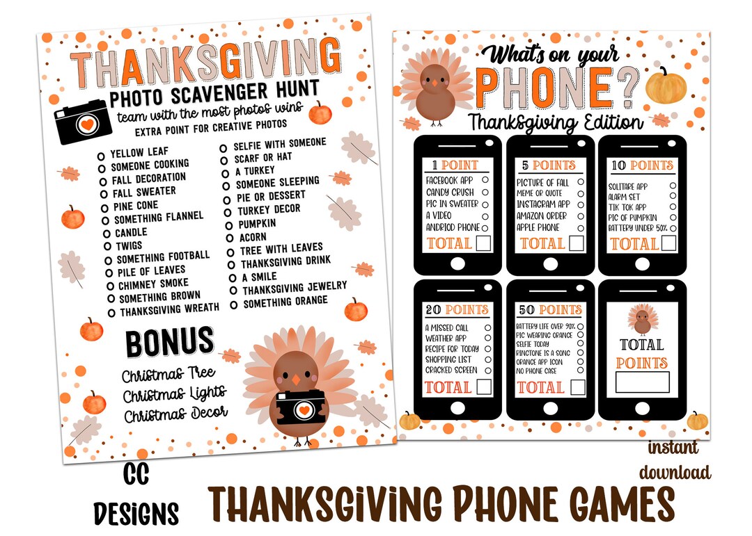 Thanksgiving Phone Games Scavenger Hunt Whats on Your Phone Game Pack ...