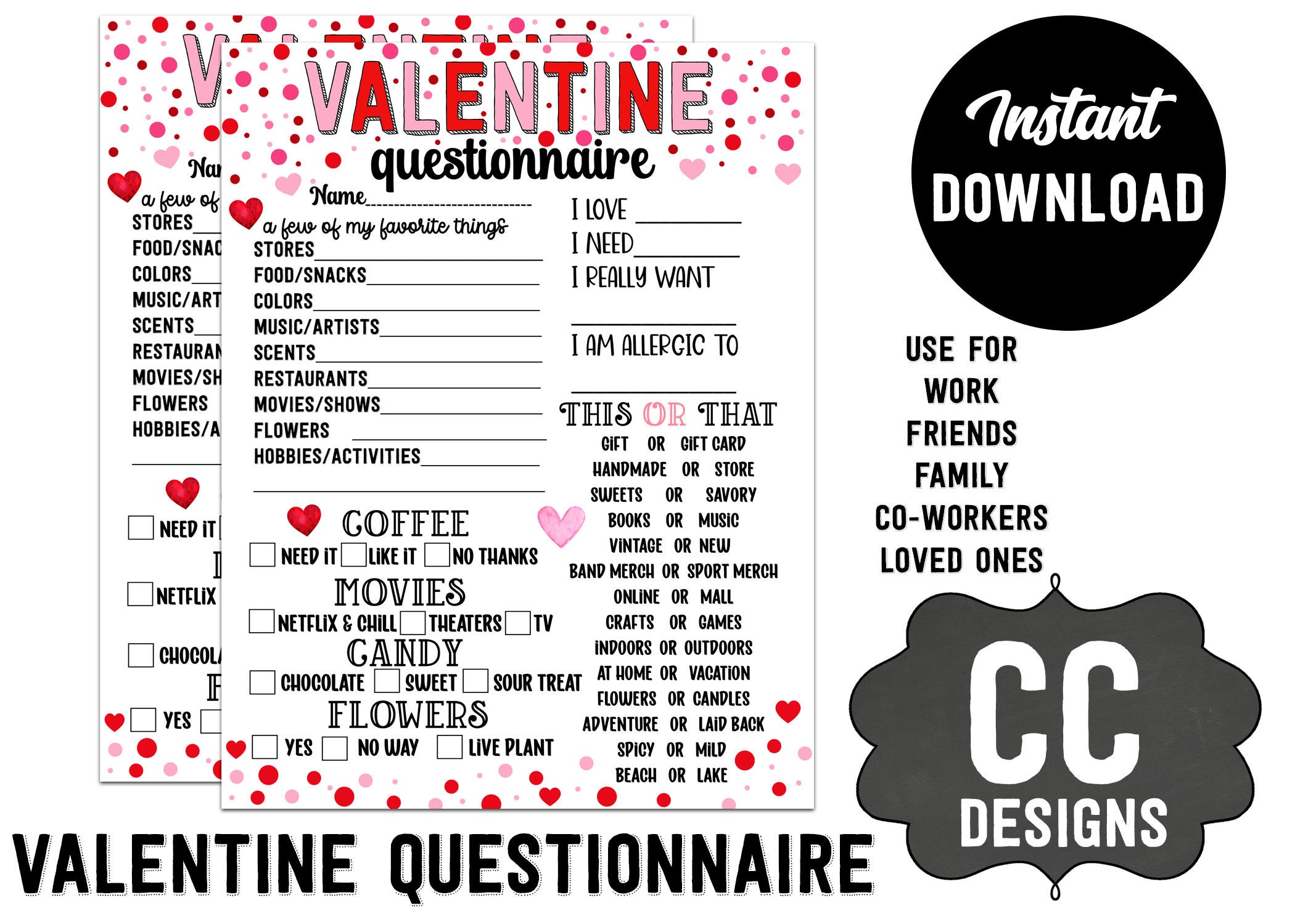 PRINTABLE Valentine Questionnaire Love Cupid Questions Favorite Things ...