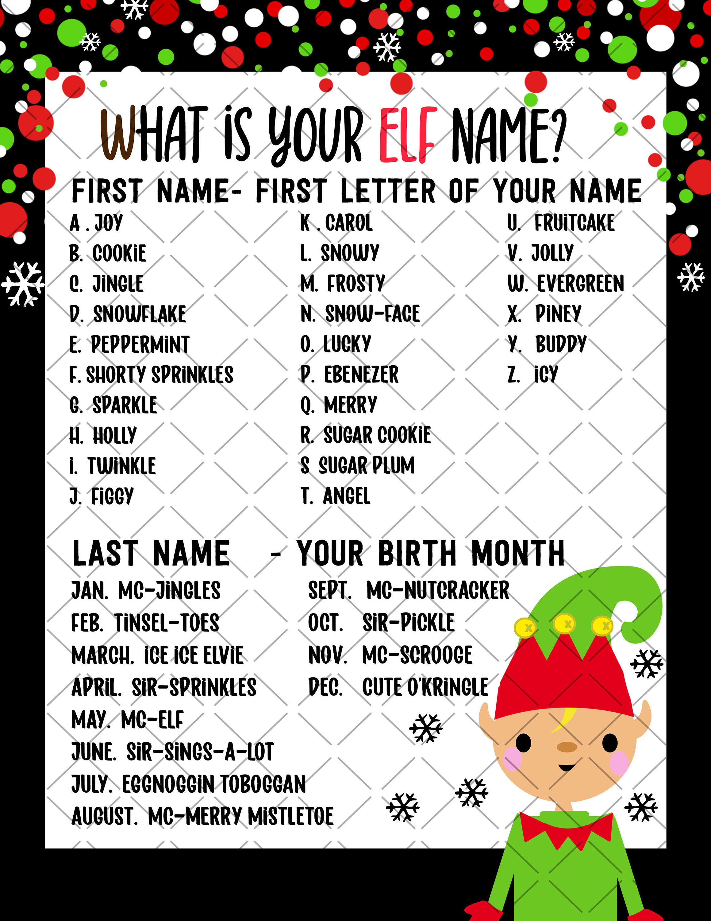 PRINTABLE Elf Game What's Your Name Game Christmas Favor Party Game ...