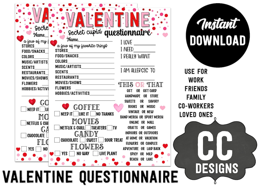 PRINTABLE Secret Cupid Valentine Questionnaire Game Work Family Loved ...
