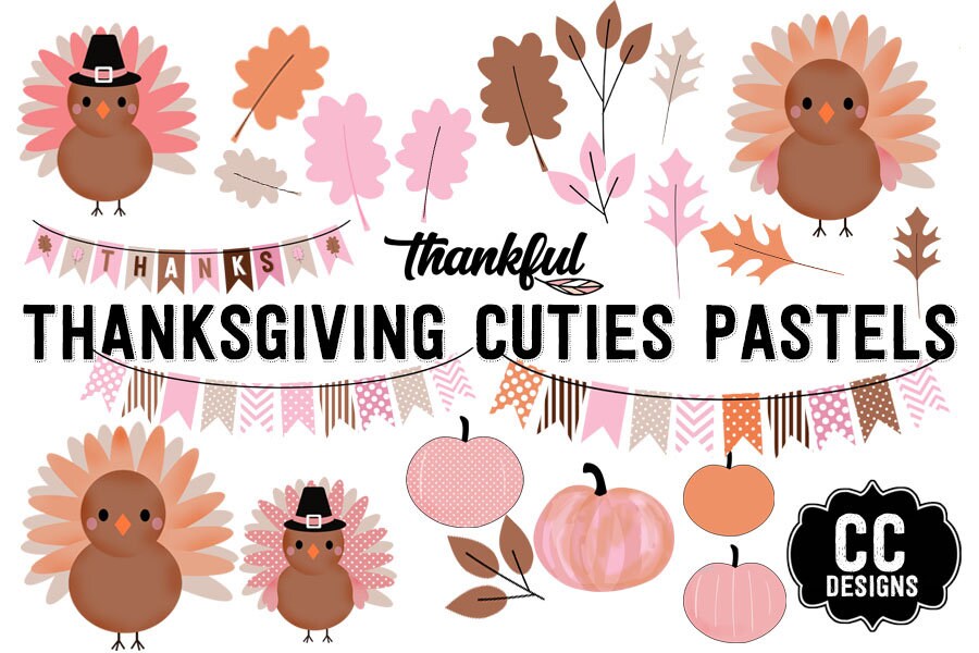 Thanksgiving Cute Pastel Clip Art, Word Art Card Invitations Set - Etsy