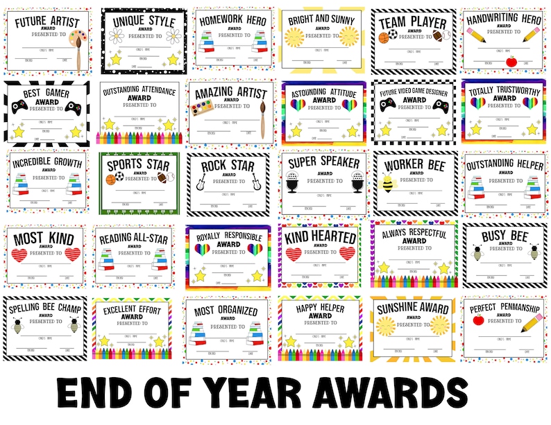 PRINTABLE End of the Year Awards 72 Colorful Last Day of School ...