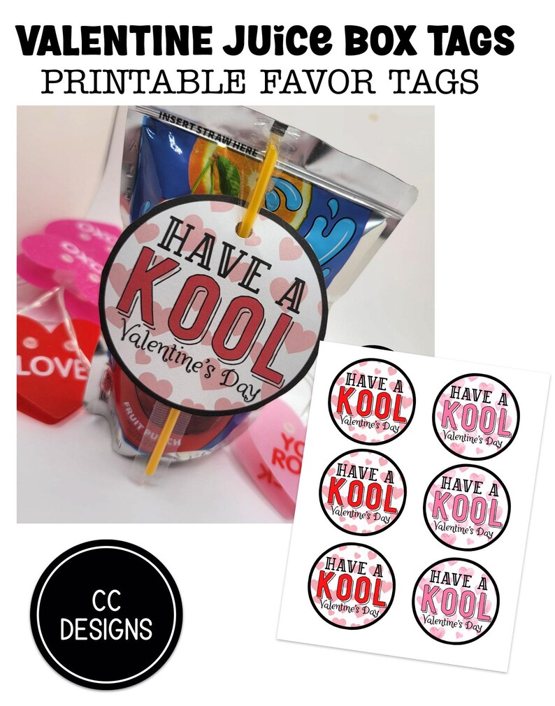 Kool Valentine Juice Box Tags – Printable Classroom Favor (digital ...