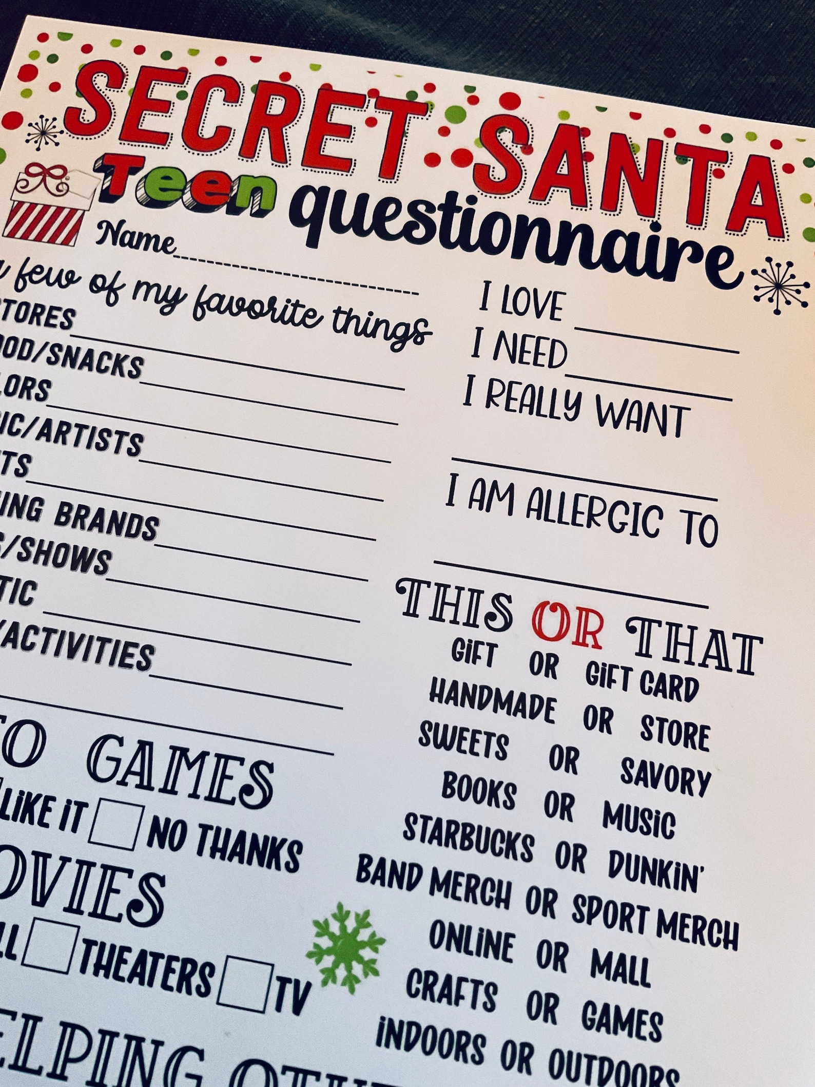 TEEN Secret Santa Young Adult Tween Questionnaire Printable Shopping ...