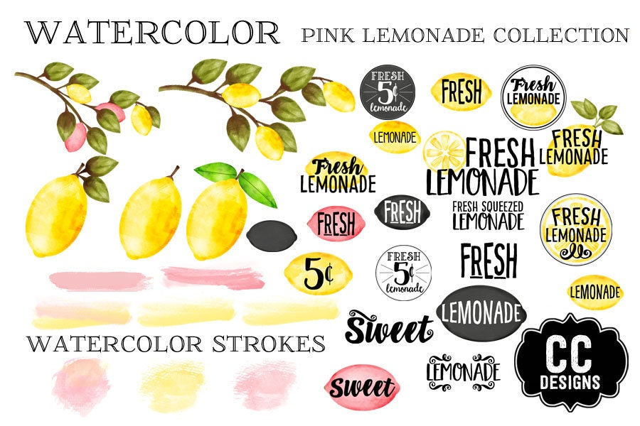 Lemonade Pink Watercolor Word Art Graphic Clipart Digital Illustrations ...