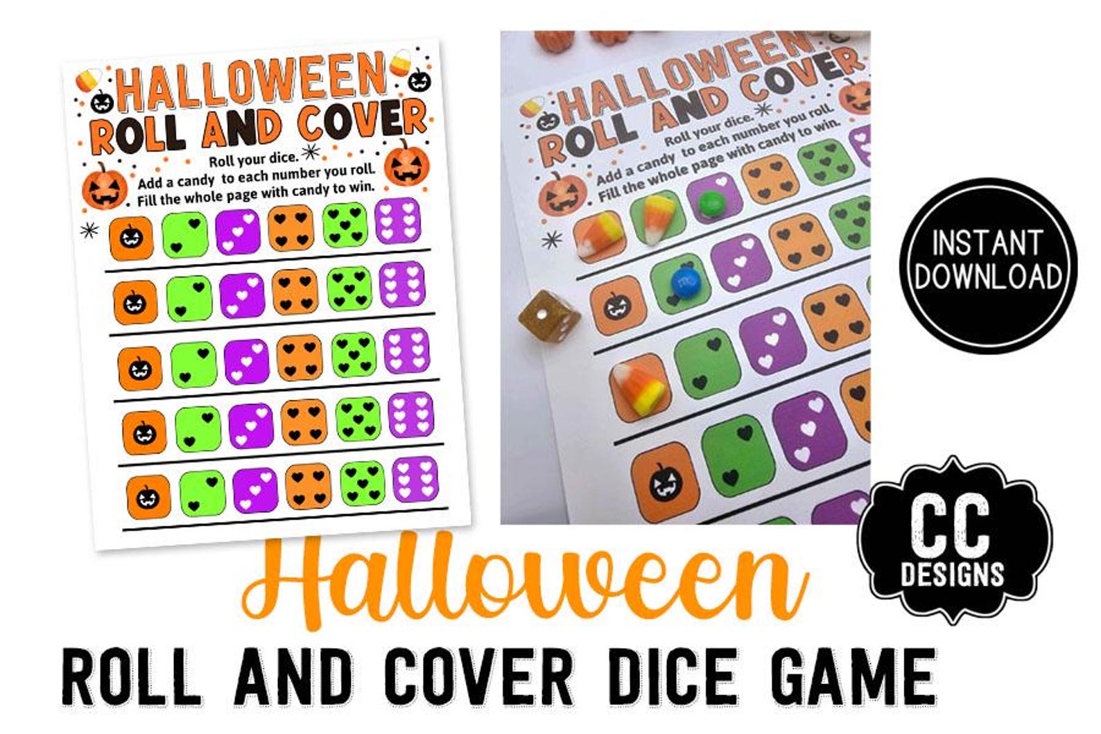 Halloween Kids Dice Game Printable Card Roll and Cover Dice Game for ...