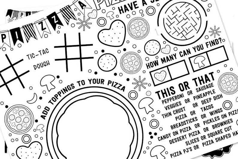 Pizza Party Doodle Coloring Activity Placemat Coloring Page for Pizza ...