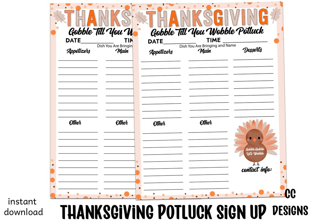 Thanksgiving Pot Luck Sign up Sheet Group Work Fill Out Menu - Etsy