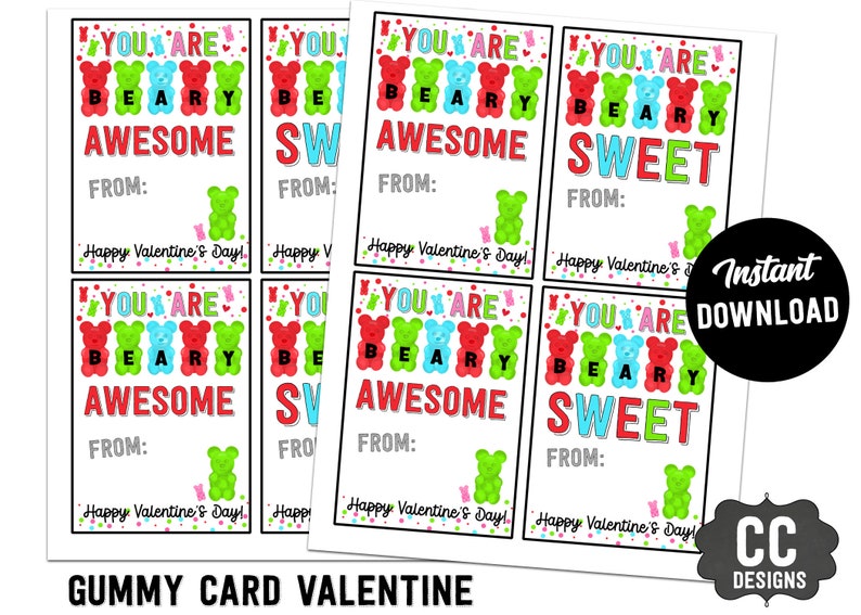 Printable Gummy Bear Valentine Cards Large Cards for Valentine's Day ...