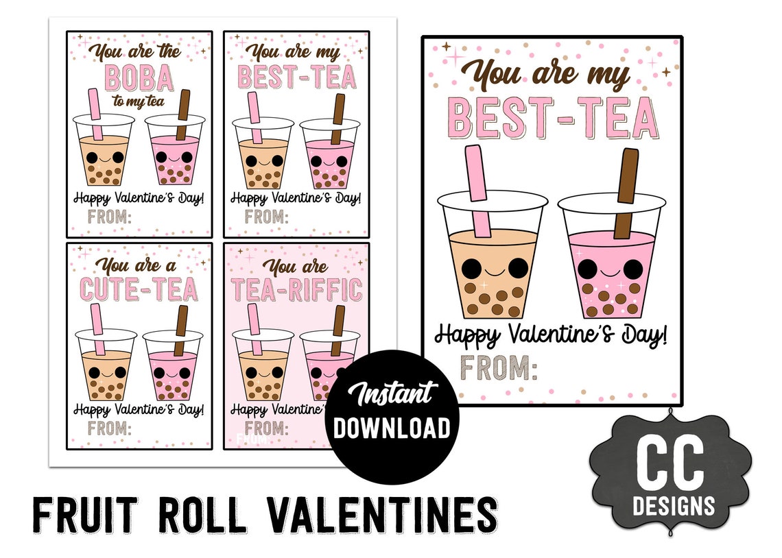 PRINTABLE BOBA Tea Bubble Tea Digital Valentine Card Instant Download ...