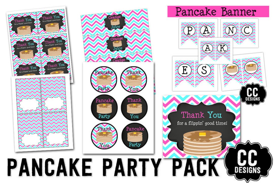 PRINTABLE Pancake Party Pack Banner Thank You Tags Round Party Tags ...