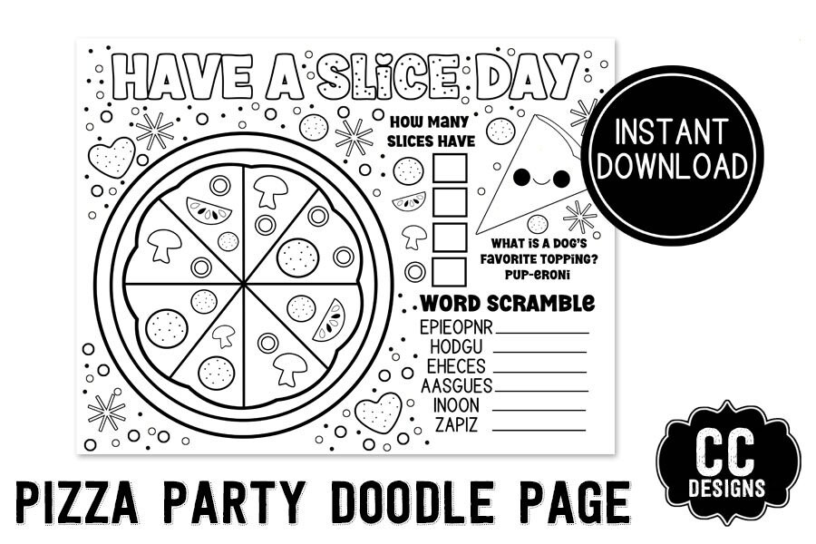 Pizza Party Doodle Coloring Activity Placemat Coloring Page for Pizza ...