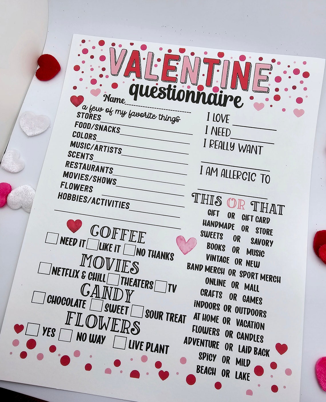 PRINTABLE Valentine Questionnaire Love Cupid Questions Favorite Things ...