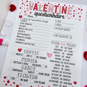 PRINTABLE Valentine Questionnaire Love Cupid Questions Favorite Things ...