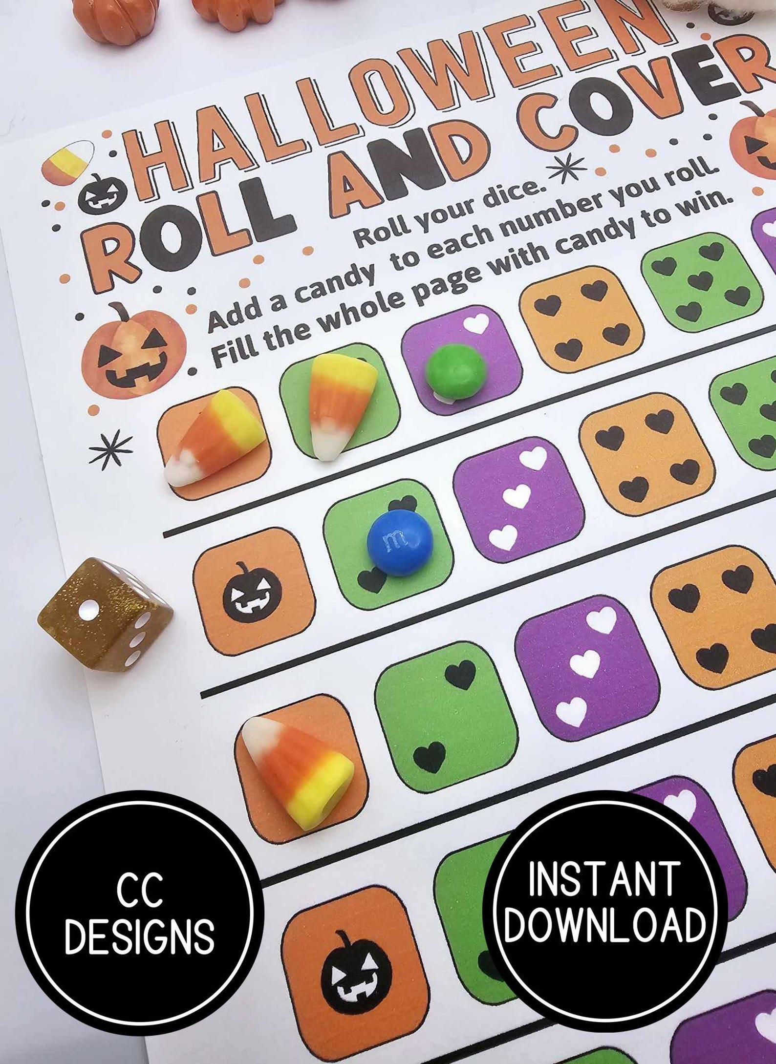 Halloween Kids Dice Game Printable Card Roll and Cover Dice Game for ...