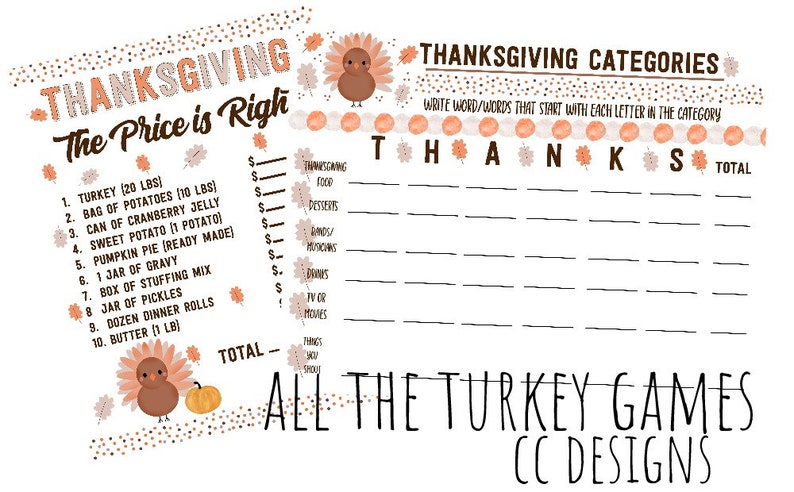 Thanksgiving Printable Game Pack All the Turkey Games Charades ...