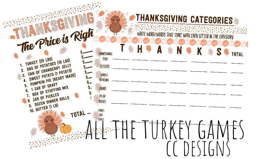 Thanksgiving Printable Game Pack All the Turkey Games Charades ...