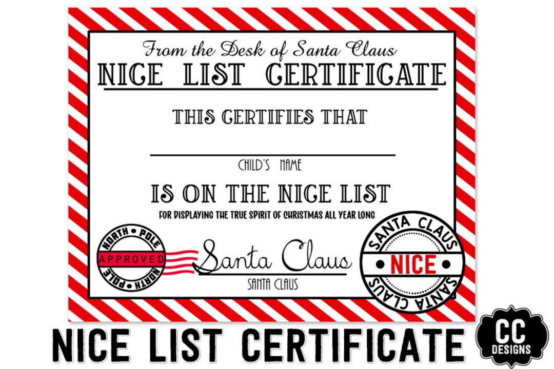PRINTABLE Nice Certificate Santa Letter Christmas Printable From Santa ...
