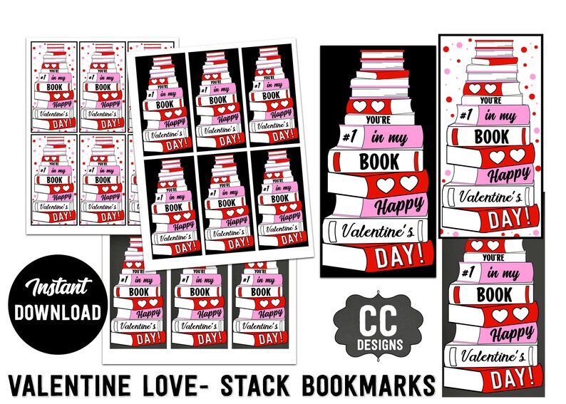 PRINTABLE Love Stacks Bookmark Valentine Card Favor Easy DIY Valentine ...