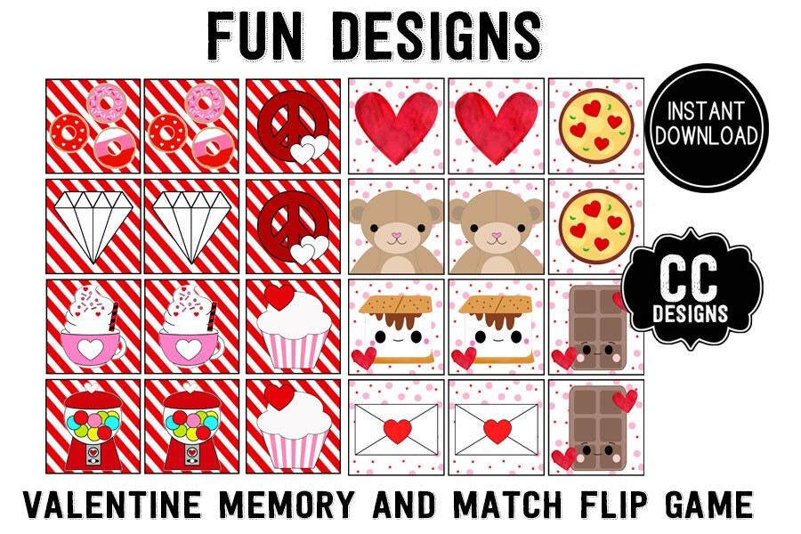 Printable Valentine Match and Memory Flip Game School Snow Day Game Fun ...